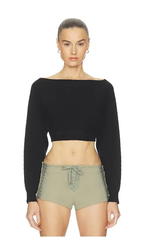 HAELO Off-the-shoulder Cropped Merino Wool Sweater - Black