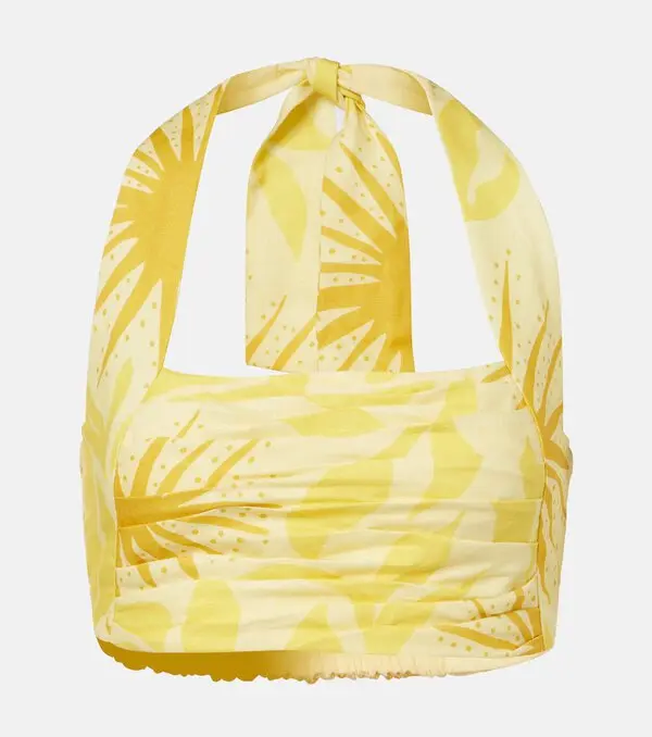 CALA DE LA CRUZ Printed Halterneck Linen Crop Top - Yellow