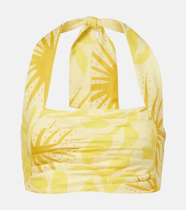 CALA DE LA CRUZ Fuji Printed Halterneck Linen Crop Top - Yellow