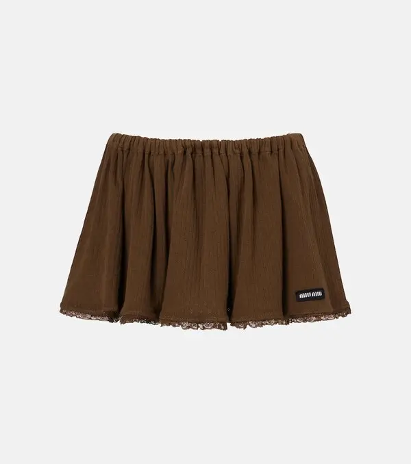 Miu Miu Lace-trimmed Pointelle Cotton Miniskirt - Brown