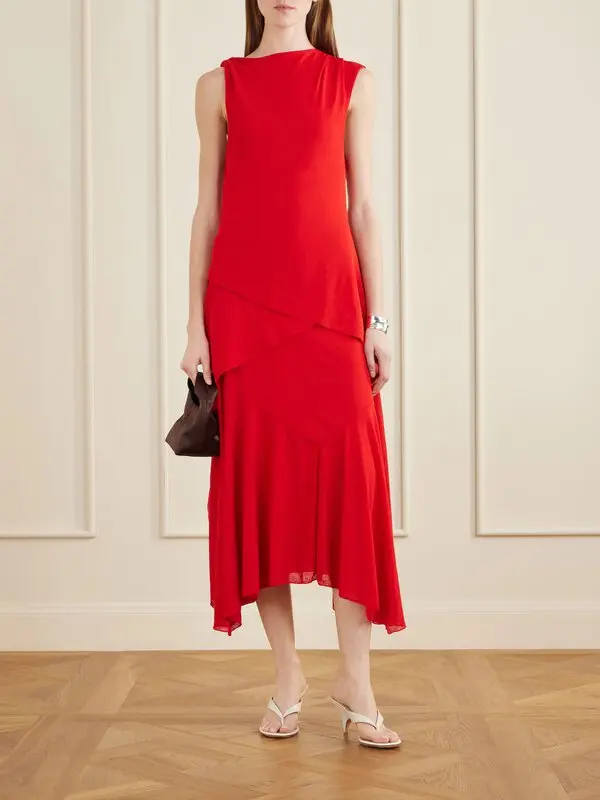 GANNI Marl Asymmetric Draped Gauze Midi Dress