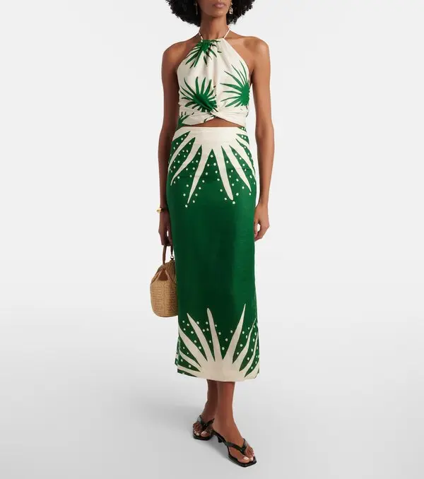 CALA DE LA CRUZ Bruna Printed Linen Midi Skirt - Green