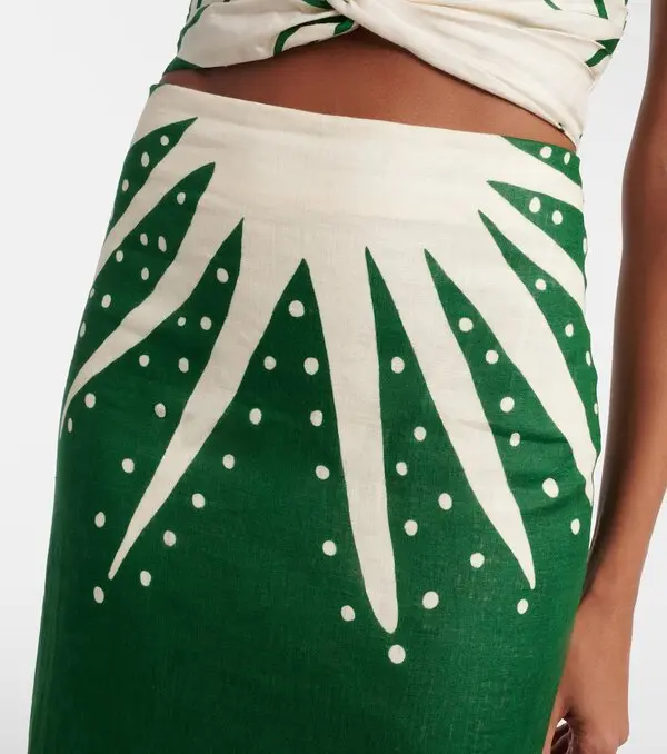 CALA DE LA CRUZ Bruna Printed Linen Midi Skirt - Green