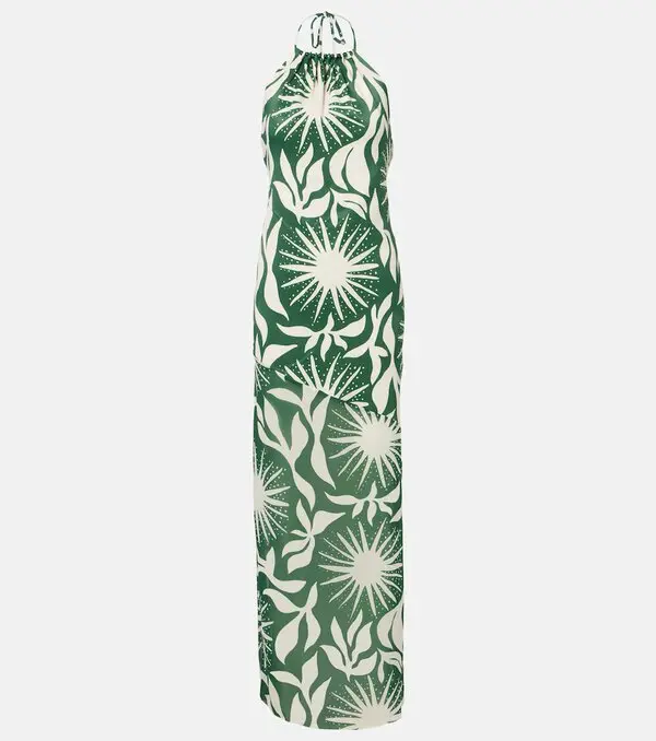 CALA DE LA CRUZ Acacia Beaded Printed Halterneck Maxi Dress - Green