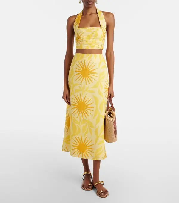 CALA DE LA CRUZ Fabiana Printed Linen Midi Skirt - Yellow