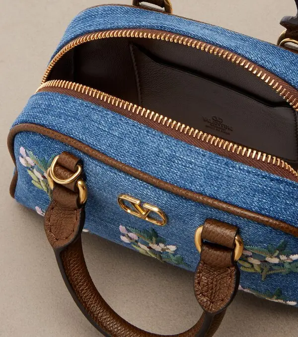Valentino Garavani Vlogo Mini Floral Denim Top-handle Bag
