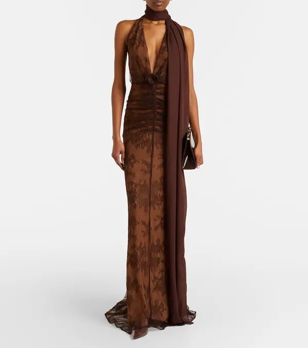 DE LA VALI Amora Scarf-detail Ruched Lace Maxi Dress - Brown