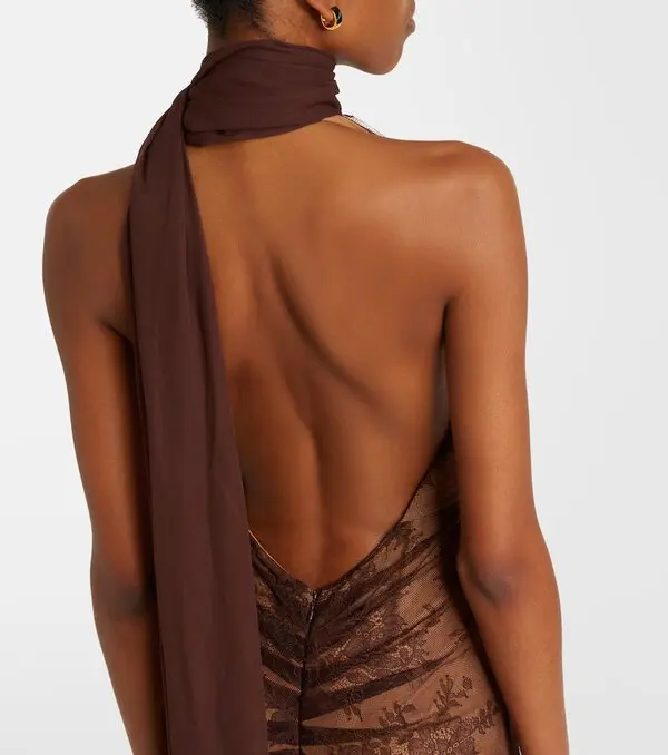 DE LA VALI Amora Scarf-detail Ruched Lace Maxi Dress - Brown