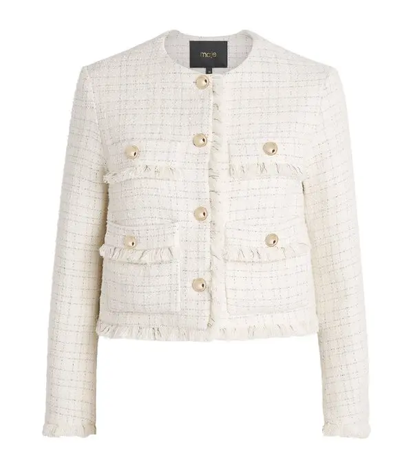 Maje Textured Cropped Jacket With Frayed Edges - White