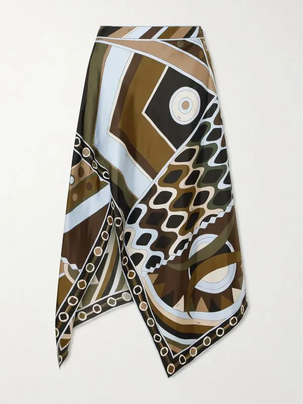 Emilio Pucci Asymmetric Printed Silk-twill Maxi Skirt - Green