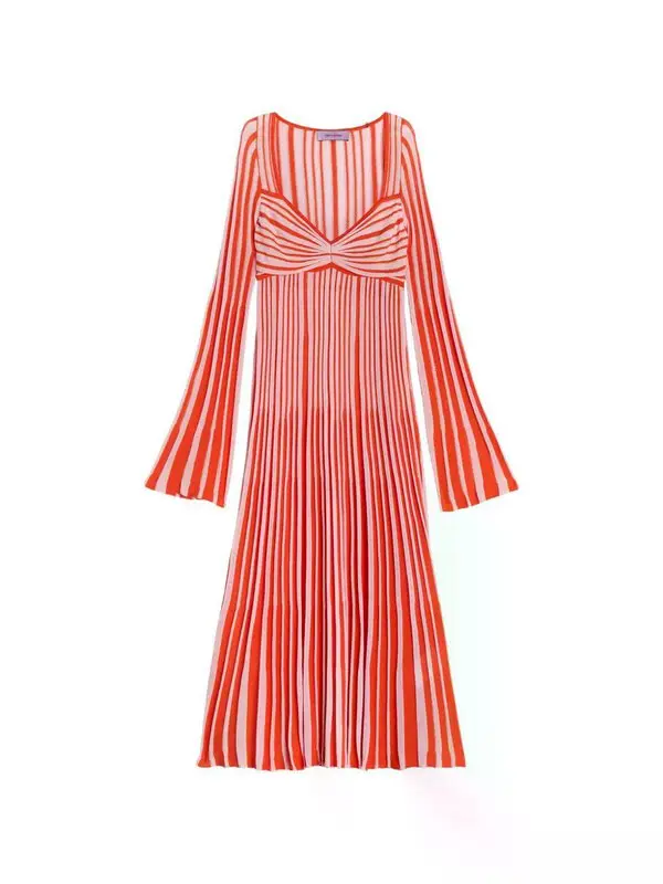 MARGHERITA MACCAPANI Orange Striped Pleated Flared Dress