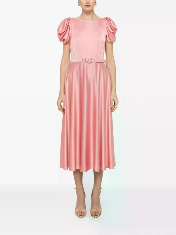 NISSA Belted Viscose Midi Dress With Volume Sleeves - Pink
