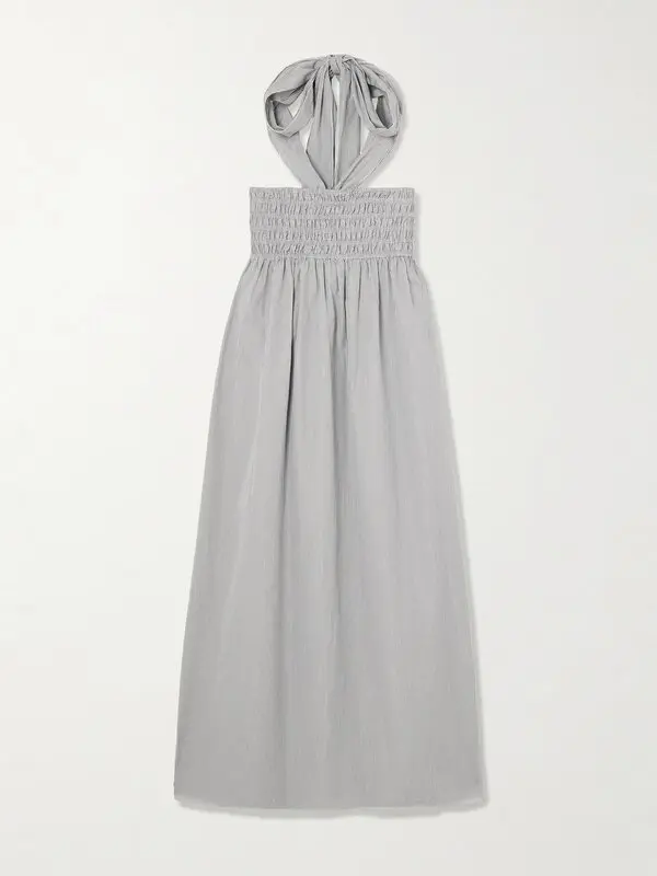 Maria Mcmanus Halterneck Smocked Pinstriped Poplin Midi Dress - Black