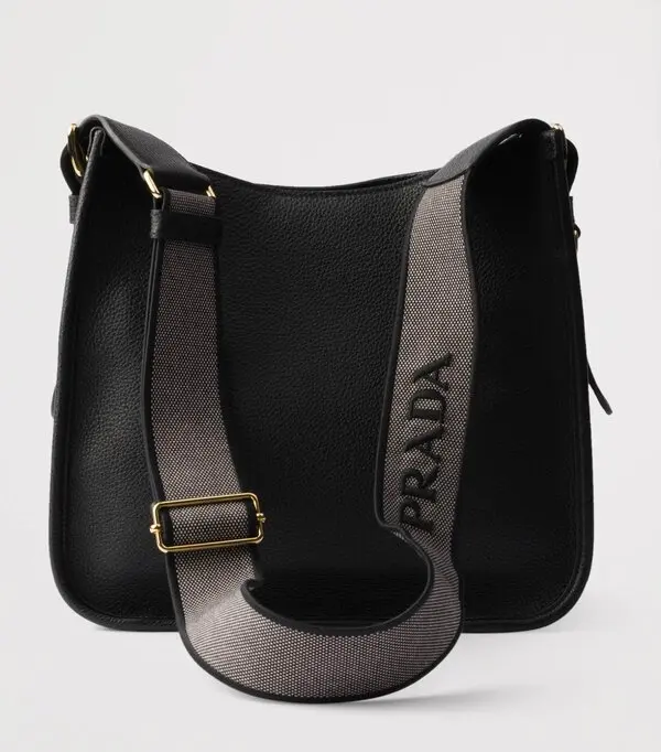 Prada Medium Leather Shoulder Bag With Woven Strap - Black