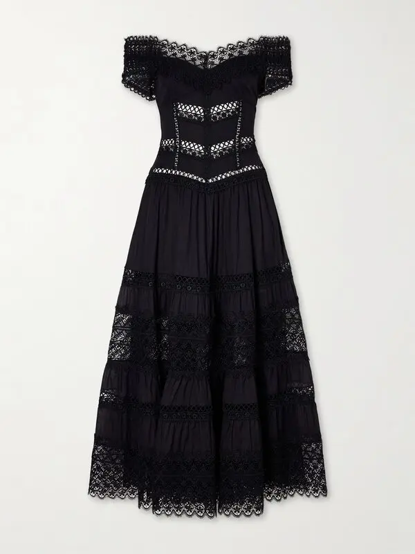 Charo Ruiz Ibiza Amaira Embroidered Lace-trimmed Cotton-blend Maxi Dress - Black
