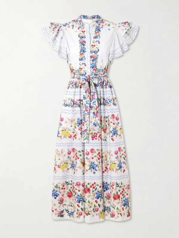 MARY KATRANTZOU Belted Floral-print Cotton-blend Midi Dress - Multi