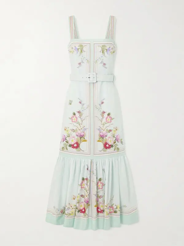 SELF-PORTRAIT Belted Floral-print Linen And Cotton-blend Midi Dress - Green
