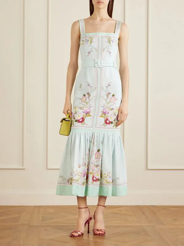 SELF-PORTRAIT Belted Floral-print Linen And Cotton-blend Midi Dress - Green