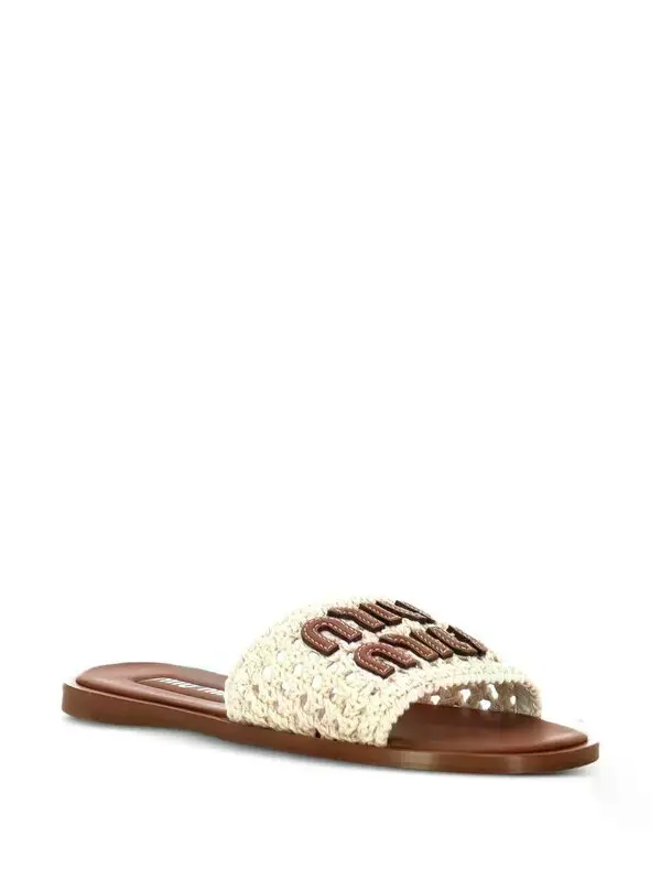 Miu Miu Crochet And Leather Slides - Neutrals