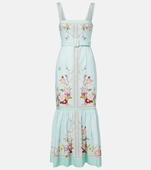 SELF-PORTRAIT Belted Floral Linen And Cotton Maxi Dress - Blue