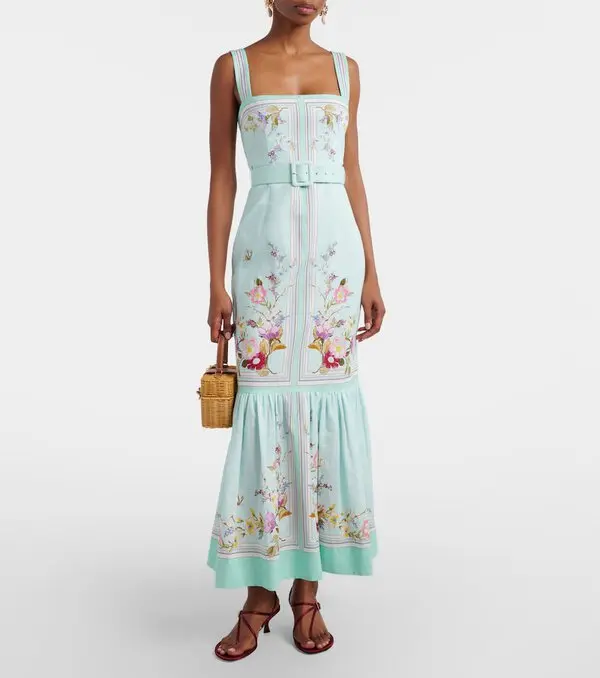 SELF-PORTRAIT Belted Floral Linen And Cotton Maxi Dress