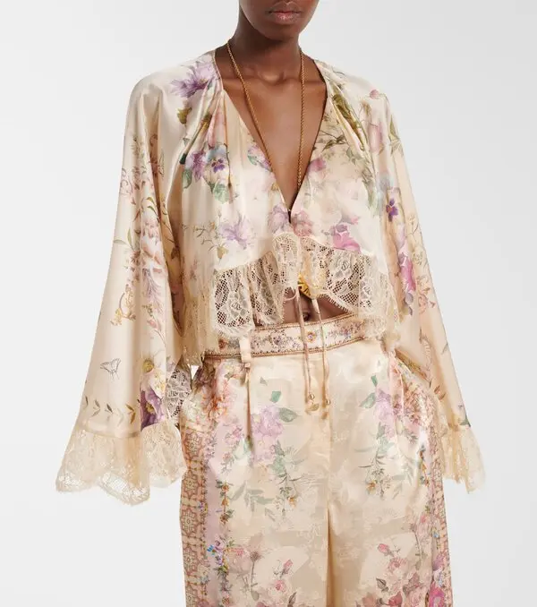 Camilla Lace-trimmed Floral Silk Crop Top