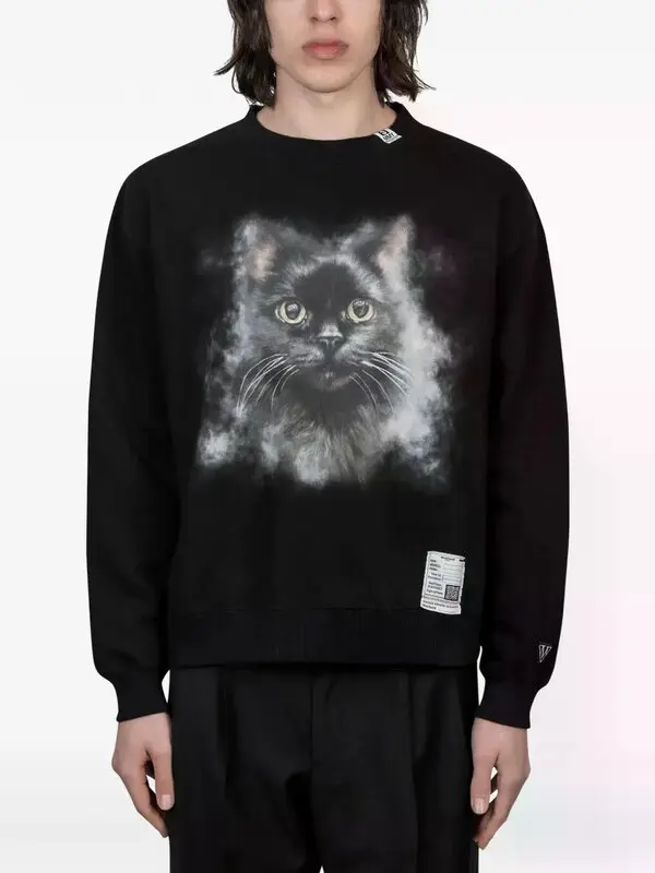 Mihara Yasuhiro Cat Graphic Crew Neck Sweatshirt - Black