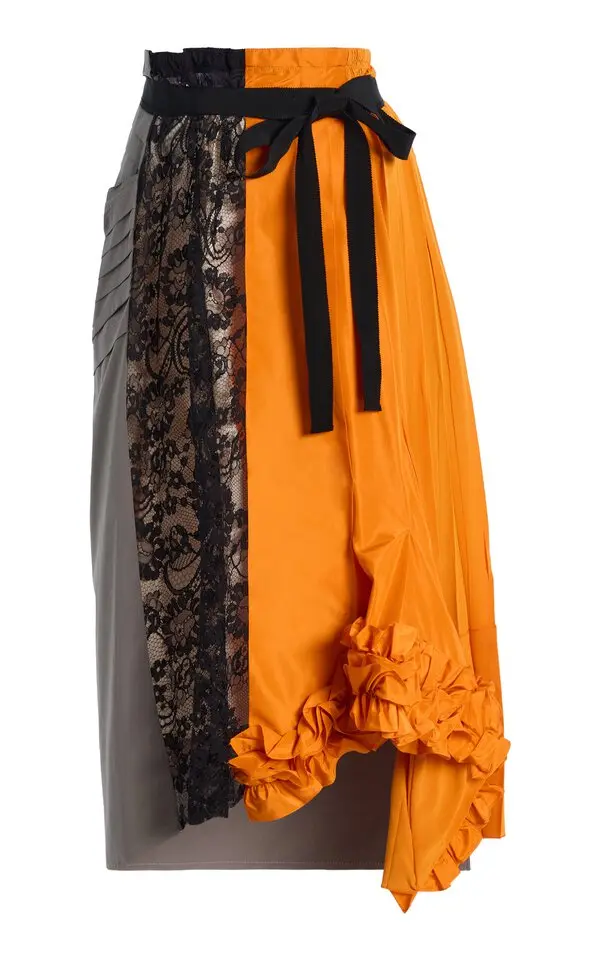 Prada Mixed-media Midi Wrap Skirt With Lace And Ruffles