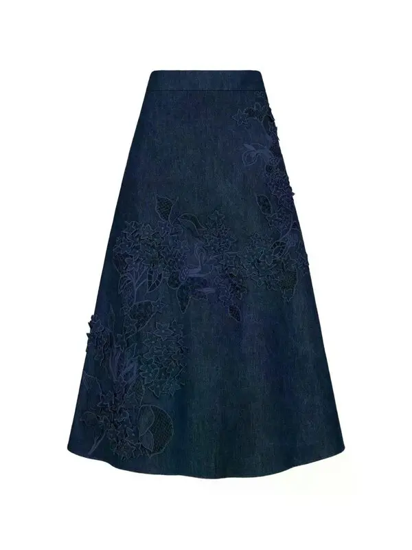 Oscar De La Renta Floral Appliqué Midi Skirt - Blue