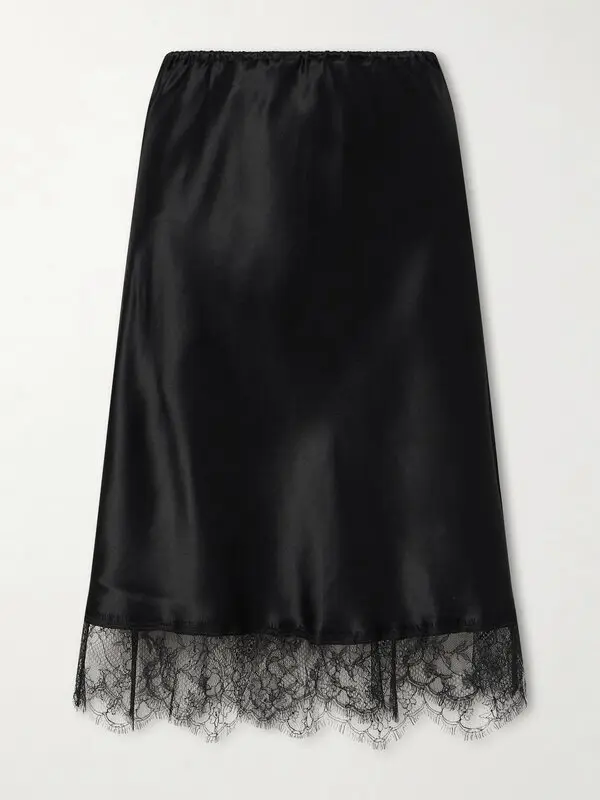 Carine Gilson Lace-trimmed Silk-satin Midi Skirt - Black