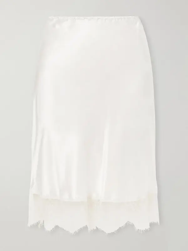 Carine Gilson Lace-trimmed Silk-satin Midi Skirt - Neutrals