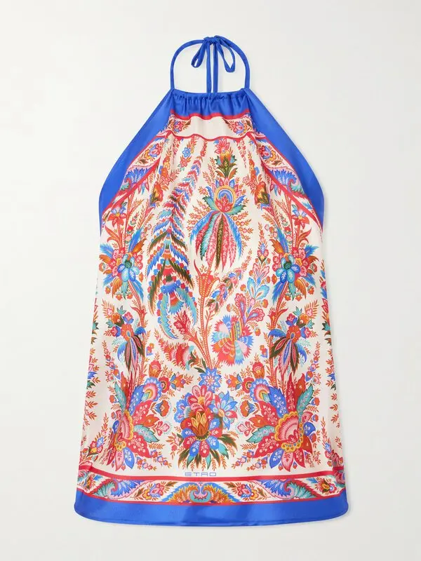 Etro Cropped Printed Silk-satin Halterneck Top