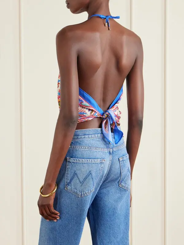 Etro Cropped Printed Silk-satin Halterneck Top