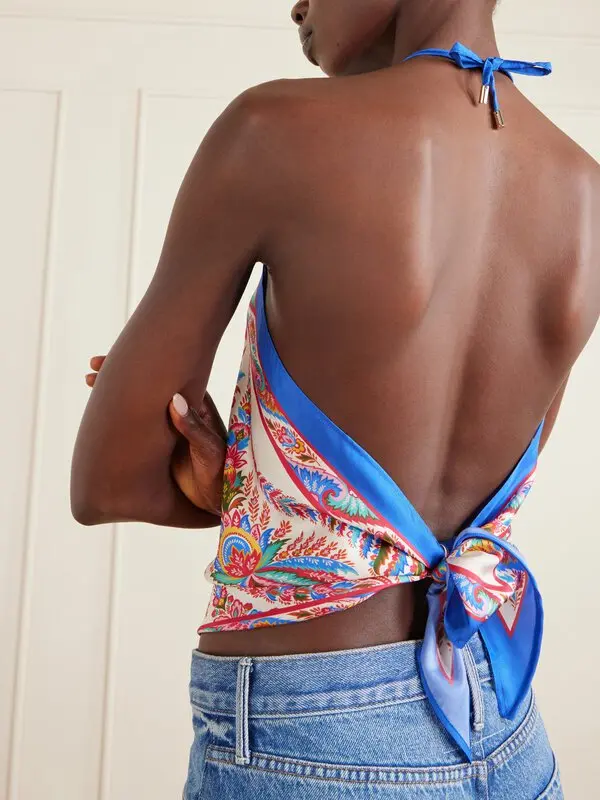 Etro Cropped Printed Silk-satin Halterneck Top