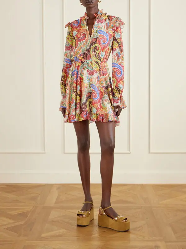 Etro Ruffled Paisley-print Chiffon Mini Dress - Multi