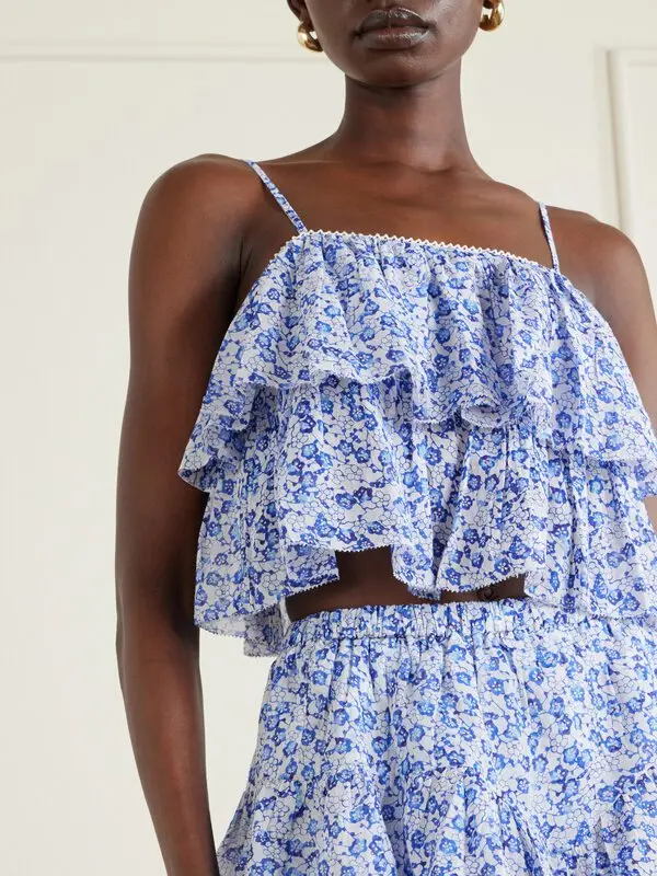 MARANT ETOILE Erisa Ruffled Floral-print Organic Cotton Cami - Blue