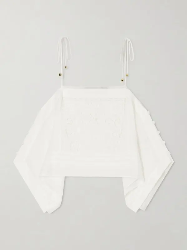 SELF-PORTRAIT Embroidered Ramie Tie-strap Top - White