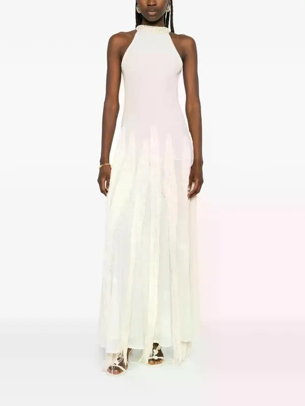 BLESS Halterneck Maxi Dress With Fringe Detail - Neutrals