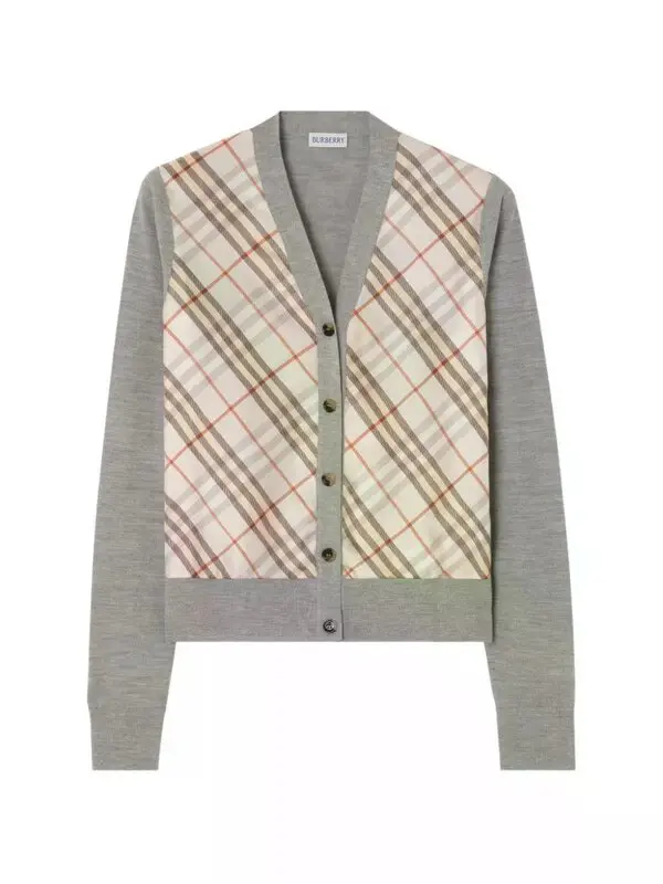Burberry Check Panel Wool Silk Cardigan - Grey