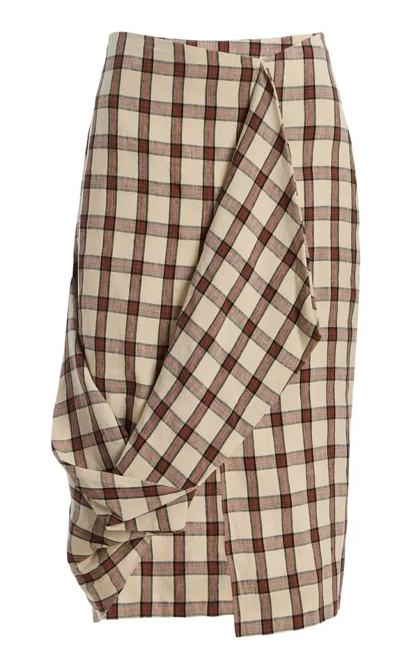 RÓHE Checked Linen Draped Knee-length Skirt - Plaid