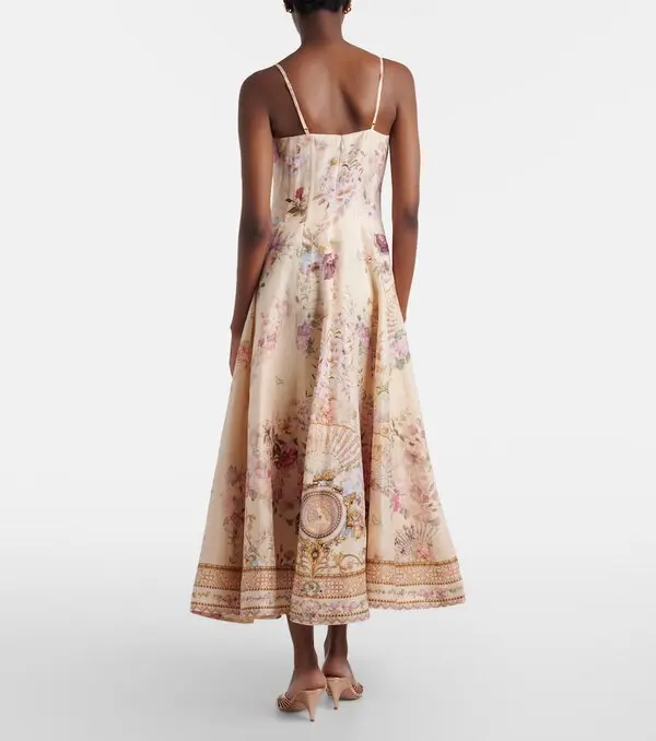 Camilla Printed Linen And Silk Midi Dress - Multicoloured