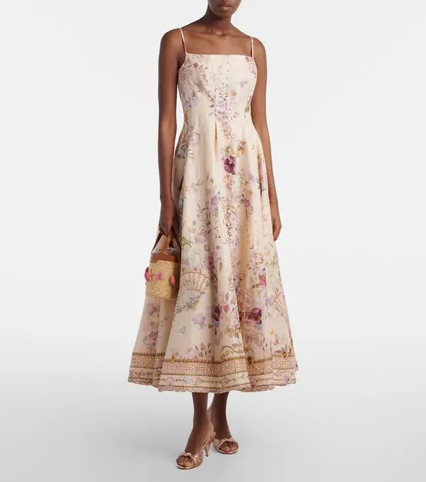 Camilla Printed Linen And Silk Midi Dress - Multicoloured