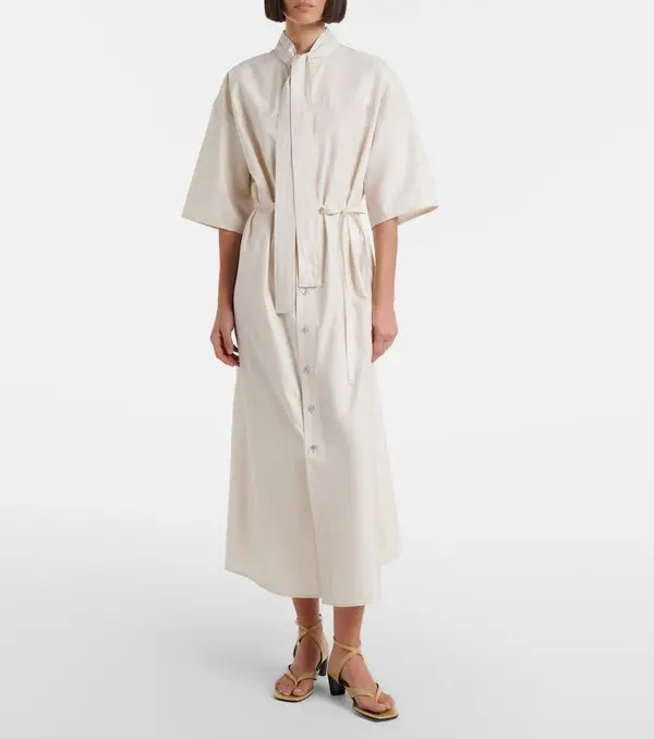 LEMAIRE Tie-neck Shirt Dress In Light Cream Cotton And Silk - White