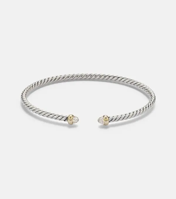 David Yurman Micro Cable Flex Cuff Bracelet With Diamonds In Sterling And 14kt Gold - Silver