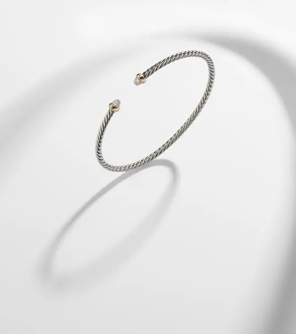 David Yurman Micro Cable Flex Cuff Bracelet With Diamonds In Sterling And 14kt Gold
