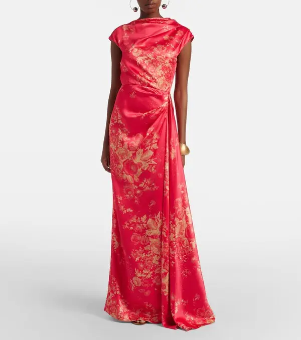 Erdem Draped Floral Duchess Satin Gown
