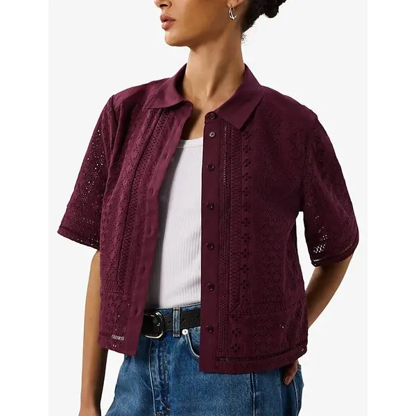 Whistles Short-sleeved Broderie Cotton Shirt - Purple