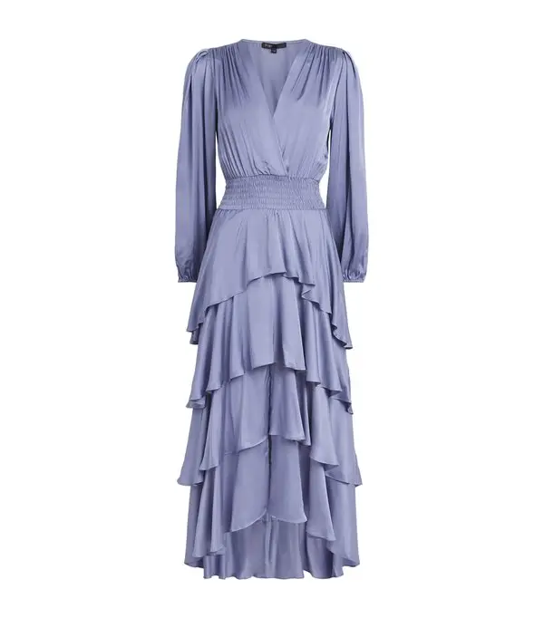Maje Ruffled Midi Dress With V-neckline And Billowing Sleeves - Blue