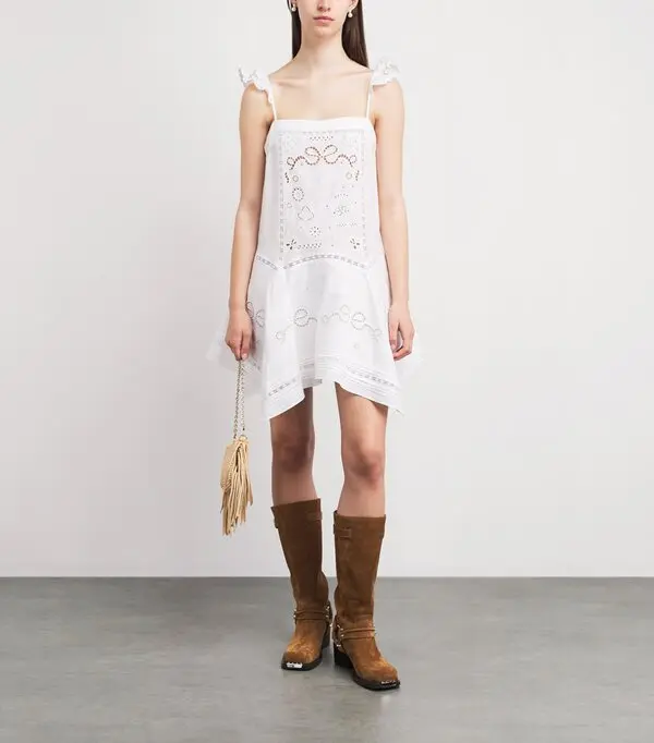 SELF-PORTRAIT Linen-cotton Embroidered Mini Dress
