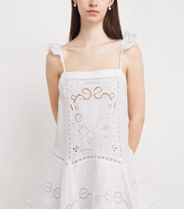 SELF-PORTRAIT Linen-cotton Embroidered Mini Dress
